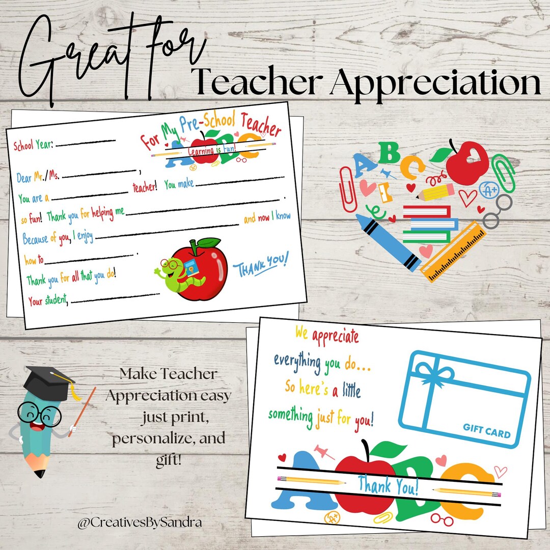 Pre-school Teacher Thank You Printable Postcard | 5"x7" Digital Gift ...