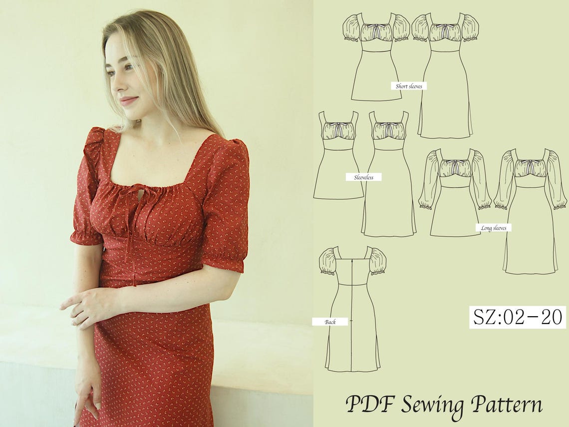 Women's PDF Sewing Pattern / Square Neck Dress / A4 or Letter Size and ...