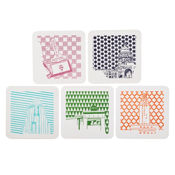 Austin Coasters Letterpress Printed Pack of 5 Coasters | Etsy