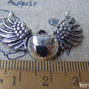 Antique Silver Heart Wing Charms Flying Angel Pendants 27x37mm Set of 6 ...