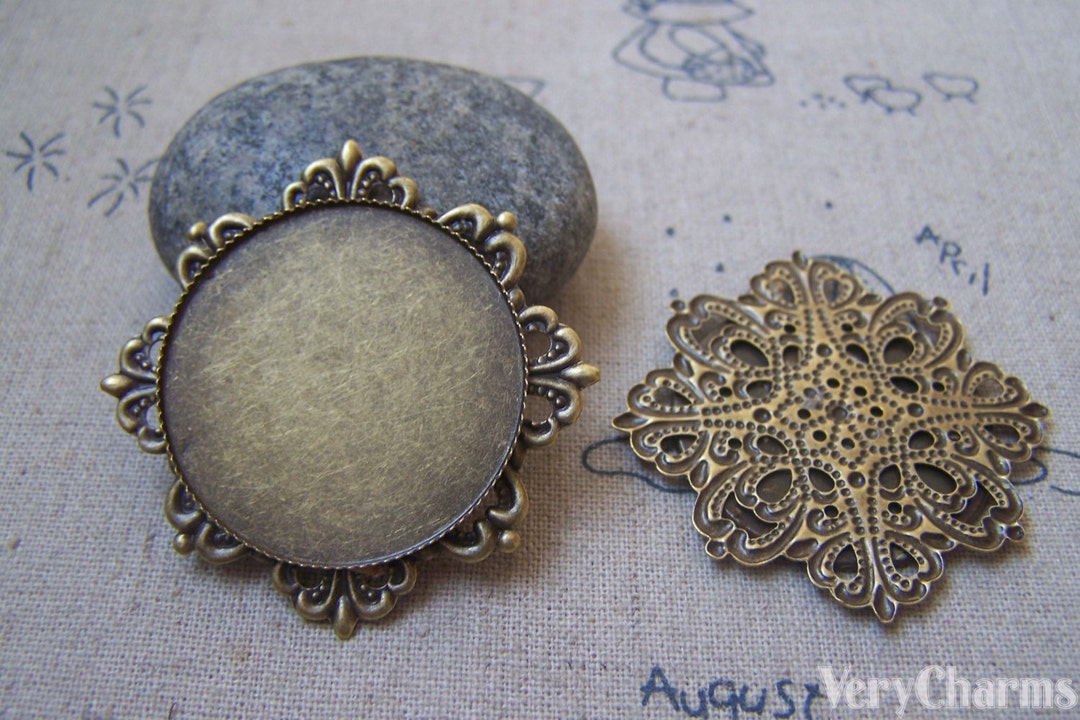 Antique Bronze Filigree Flower Sawtooth Bases Match 30mm Cabochon Set ...