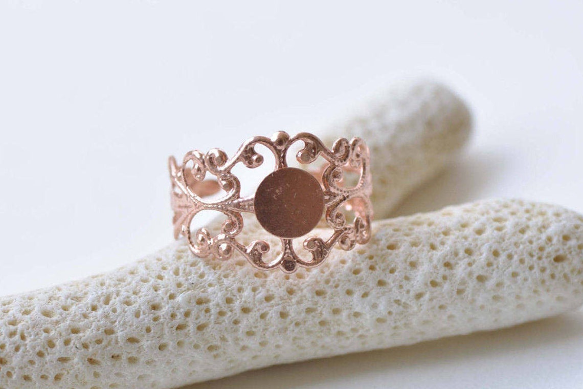 10 Pcs Rose Gold Color Brass Adjustable Filigree Flower Ring Bases With ...