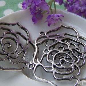 10 Pcs of Antique Silver Filigree Rose Flower Pendants Charms 40mm ...