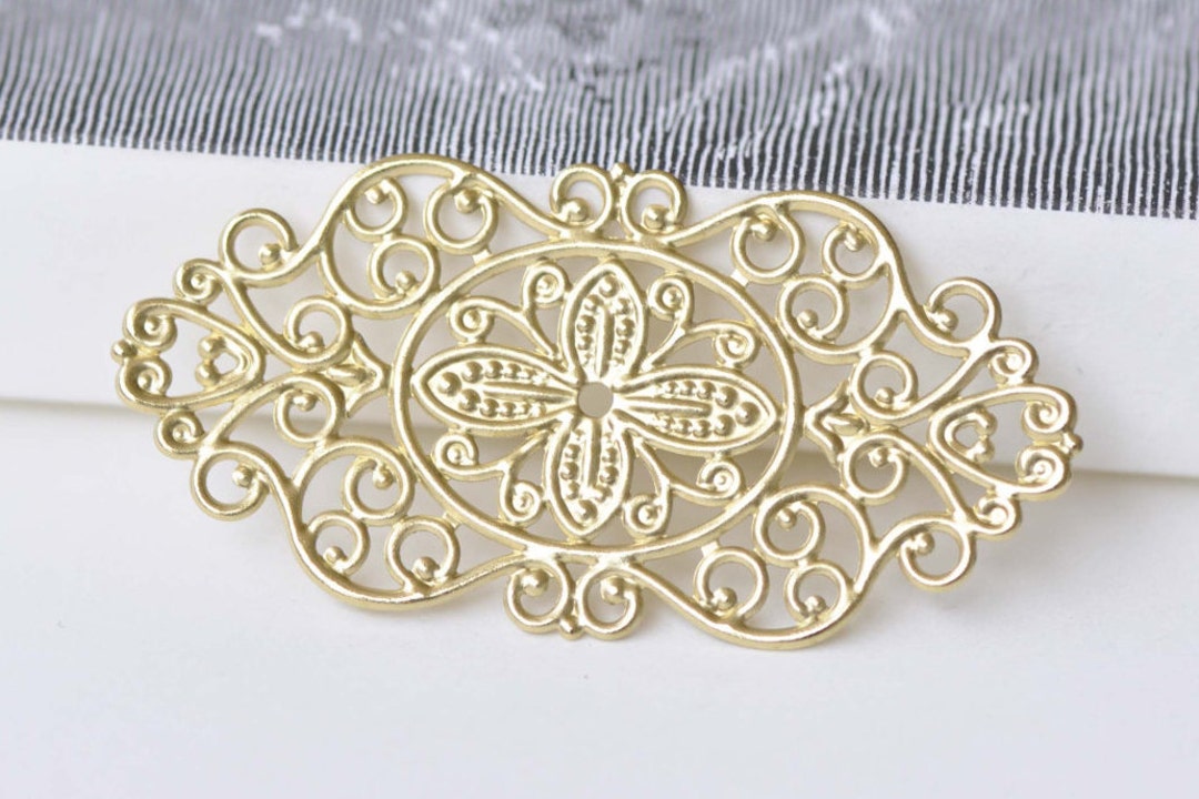 Raw Brass Long Flat Filigree Floral Embellishments Stamping 28x56mm Set ...