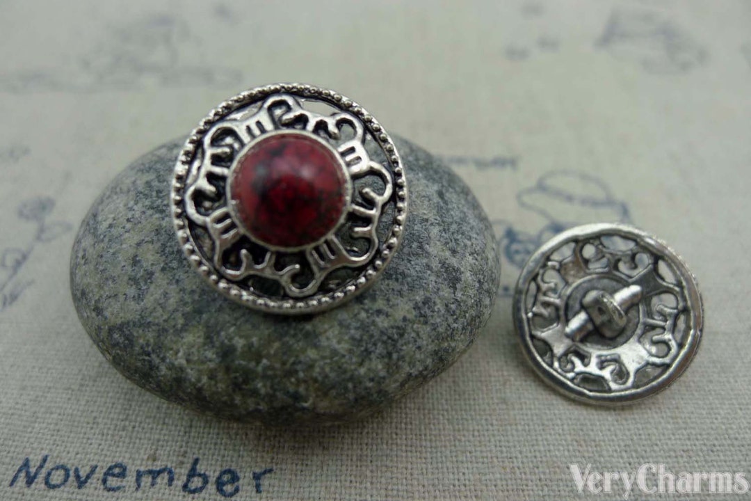 10 Pcs Antique Silver Red Coral Buttons Charms 18mm A1688 - Etsy