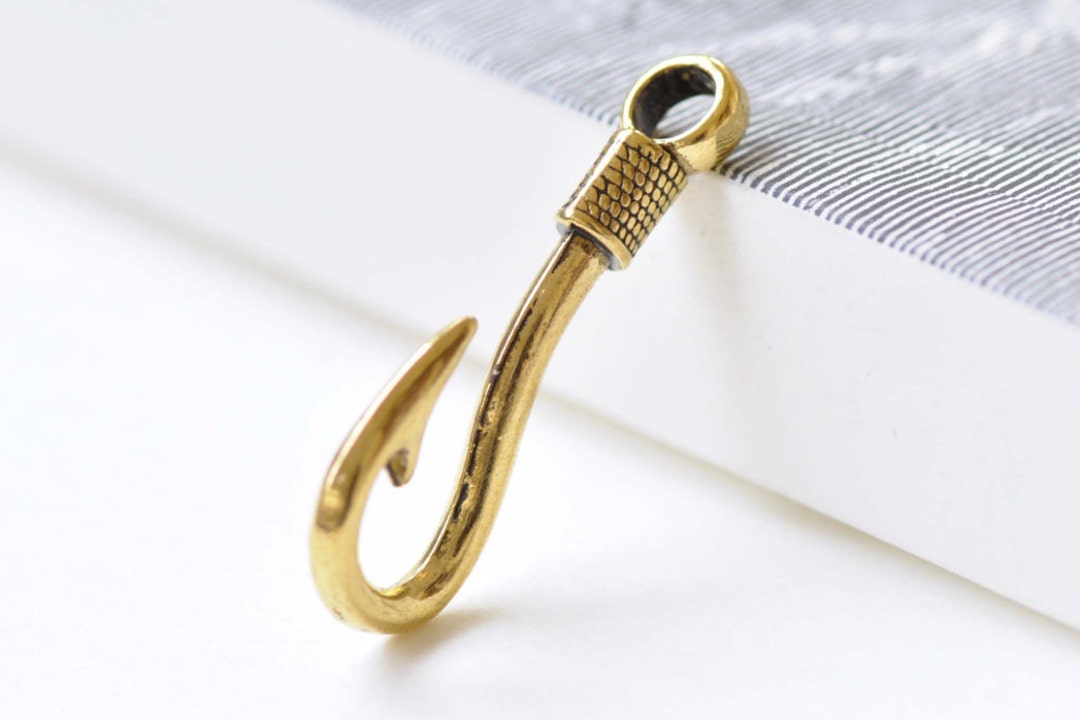 10 Pcs Antique Gold Coiled Fish Hook Charms Large Hole Fishing Hook ...