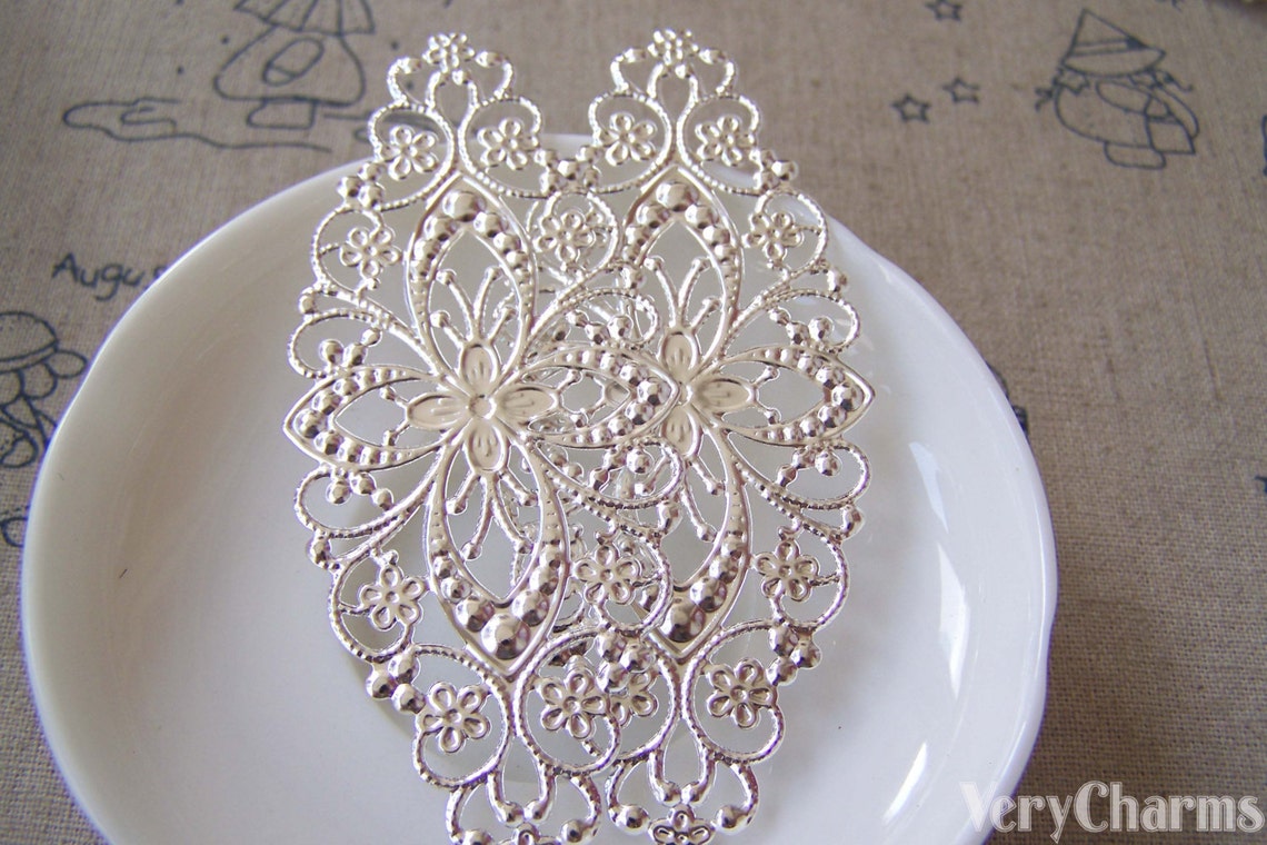 Silver Metal Embellishments Filigree Floral Findings 35x80mm Set of 20 ...