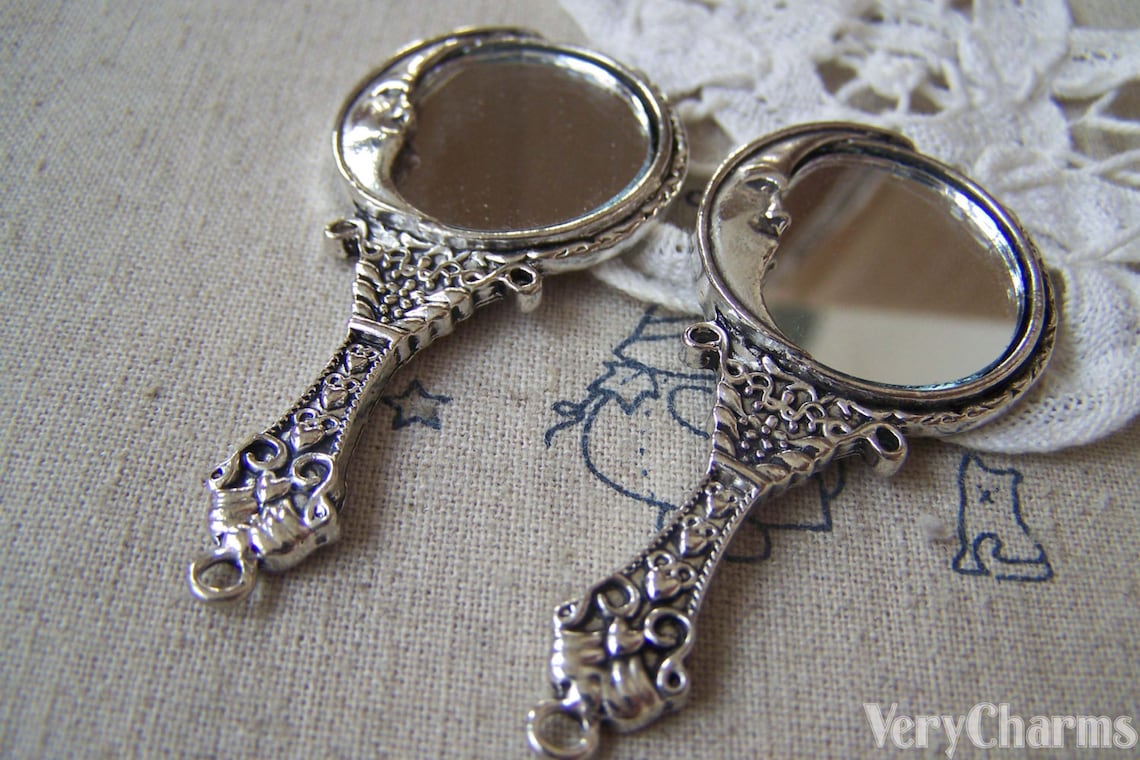 2 Pcs Antique Silver Moon Face Hand Mirror Pendant 30x62mm - Etsy