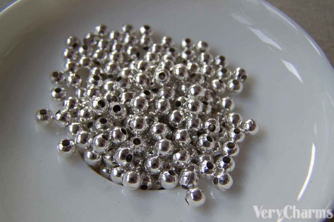 100 Pcs Silver Finish Smooth Round Iron Metallic Beads Ball Size 4mm ...