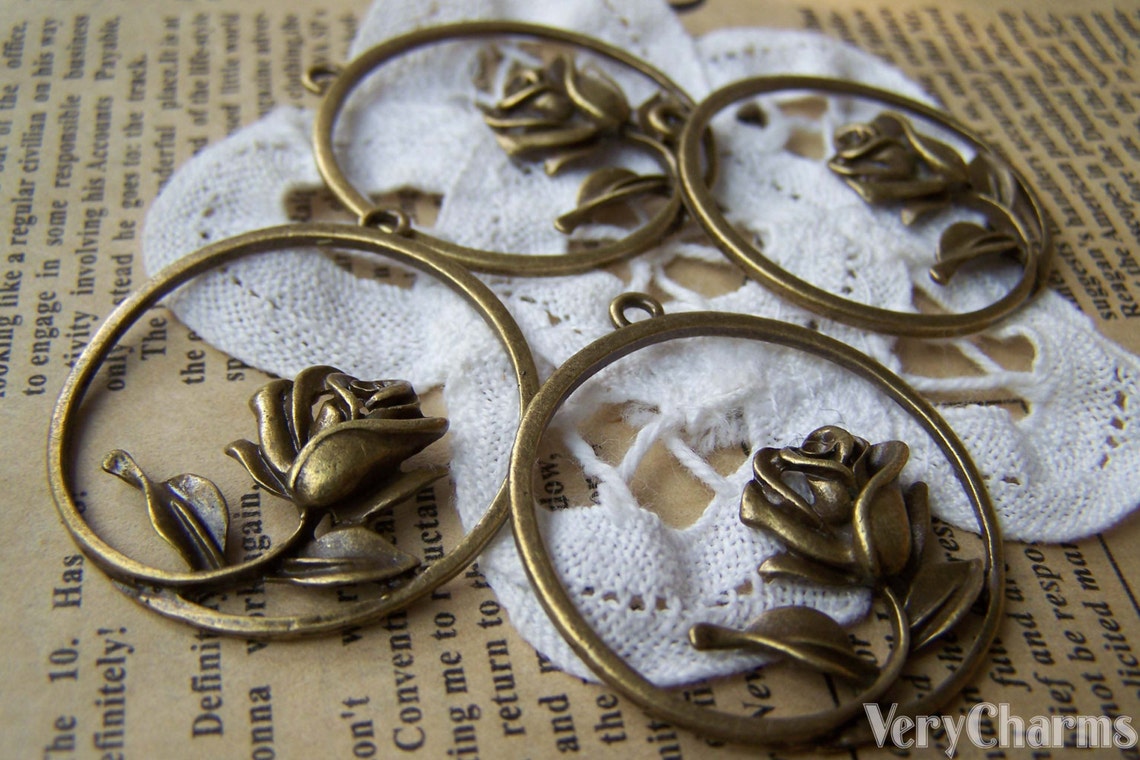 10 Pc of Antique Bronze Rose Flower Round Ring Charms 33.5mm A408 - Etsy