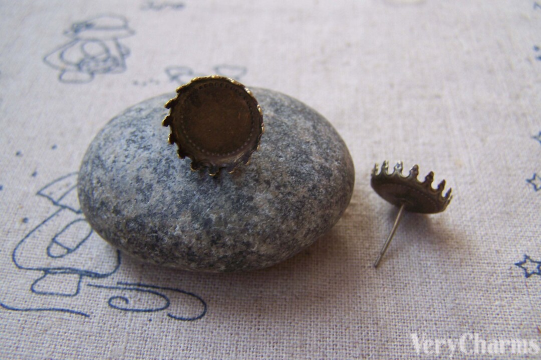 Crown Ear Studs Antique Bronze Bezel Match 12mm Cabochon Earring Posts ...