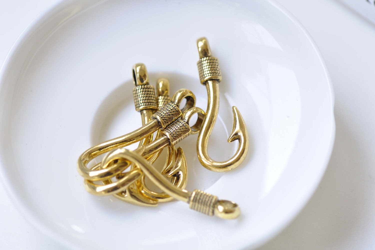 10 Pcs Antique Gold Coiled Fish Hook Charms Large Hole Fishing Hook ...