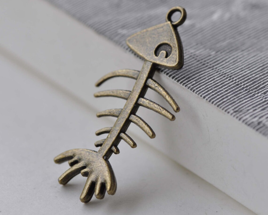 Fish Bone Charms Antique Bronze Skeleton Pendants 21x42mm Set of 10 ...