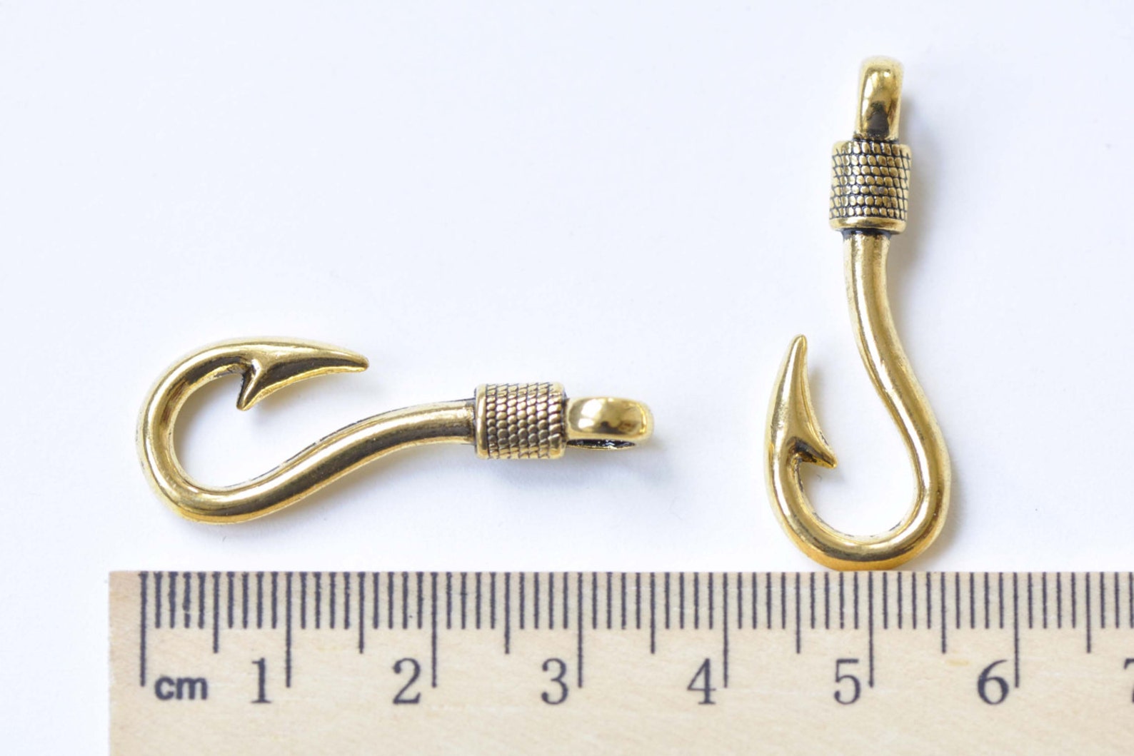 10 Pcs Antique Gold Coiled Fish Hook Charms Large Hole Fishing Hook ...