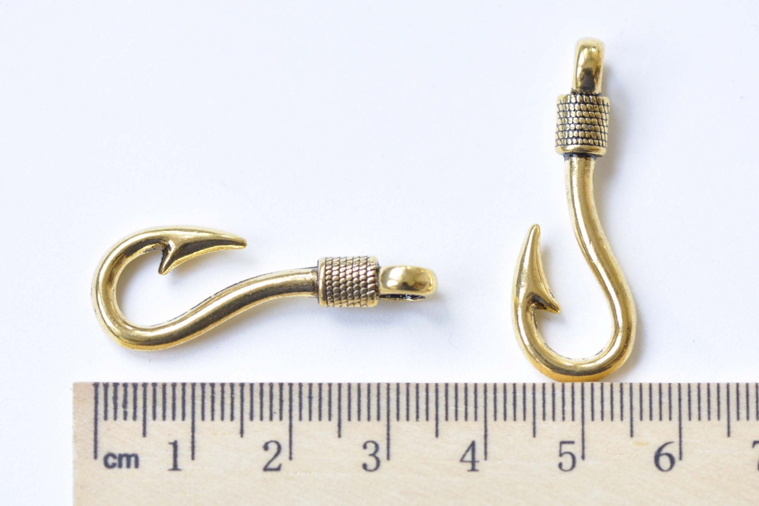 10 Pcs Antique Gold Coiled Fish Hook Charms Large Hole Fishing Hook ...
