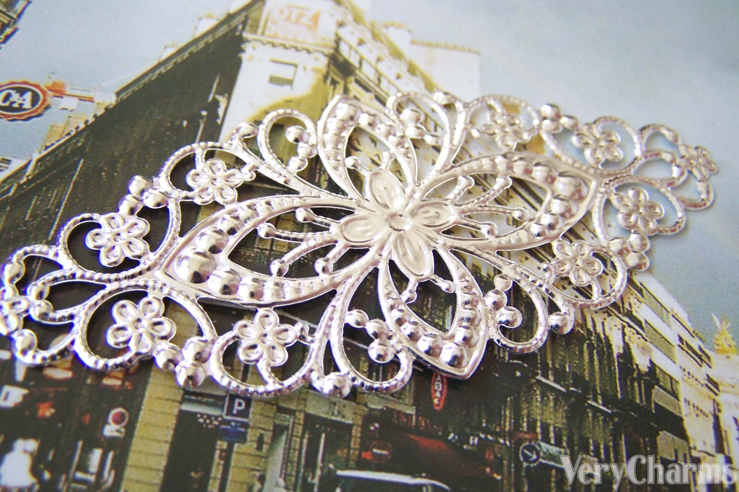 Silver Metal Embellishments Filigree Floral Findings 35x80mm Set of 20 ...
