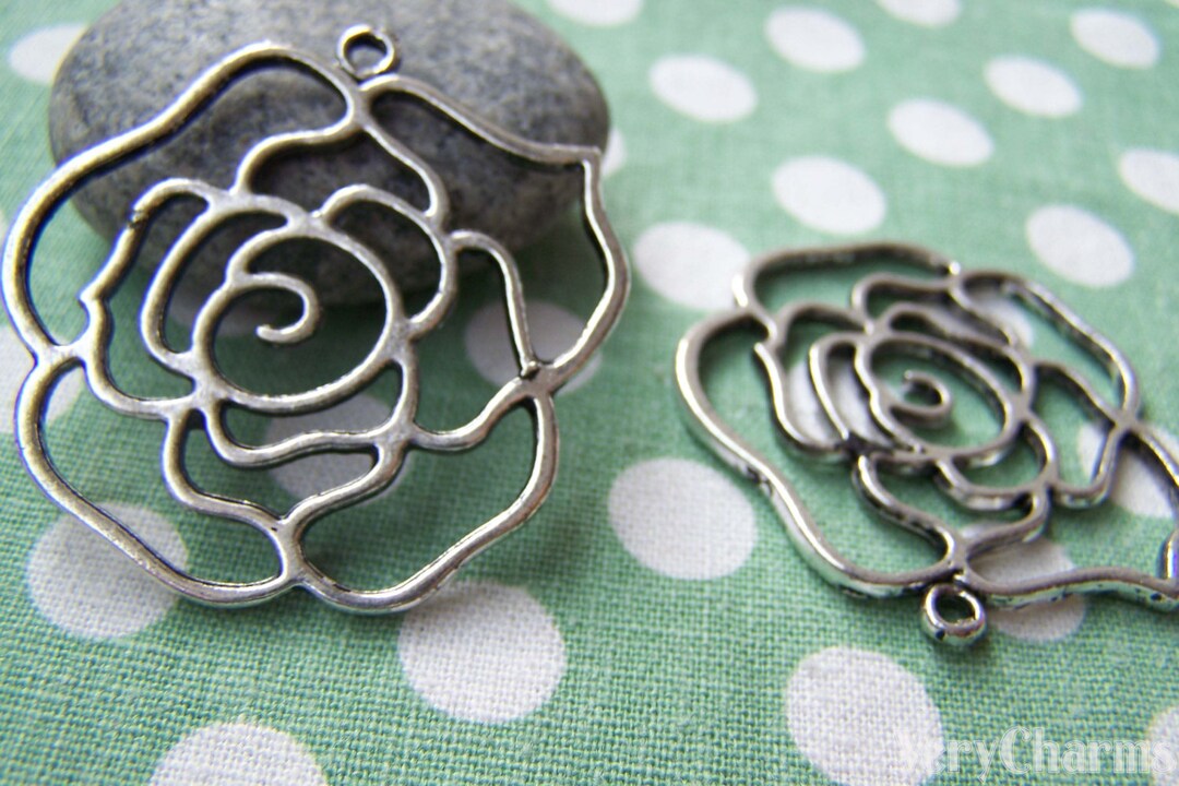 10 Pcs of Antique Silver Filigree Rose Flower Pendants Charms 40mm ...