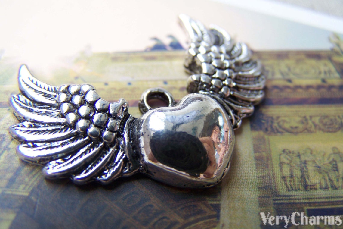 Antique Silver Heart Wing Charms Flying Angel Pendants 27x37mm - Etsy