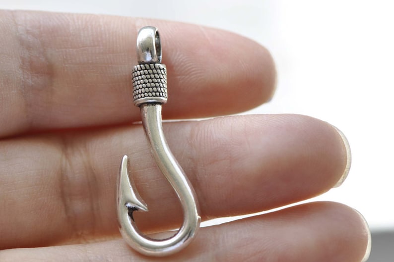 Antique Silver Large Hole Fish Hook Charms Coiled Fishing Pendants Set ...