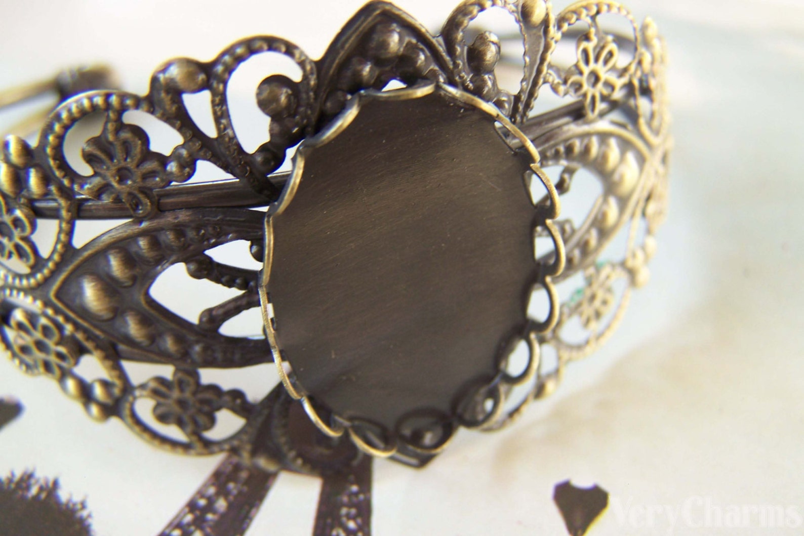 Antique Brass Flower Bezel Bangle Bracelet Cuff Match 18x25mm Cabochon ...