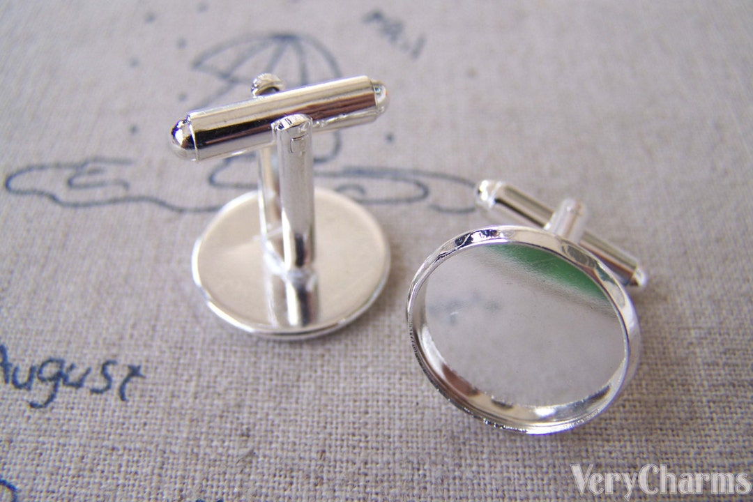 Silver Cufflinks Blank Round French Cuff Link Bezel Setting Match 16mm ...