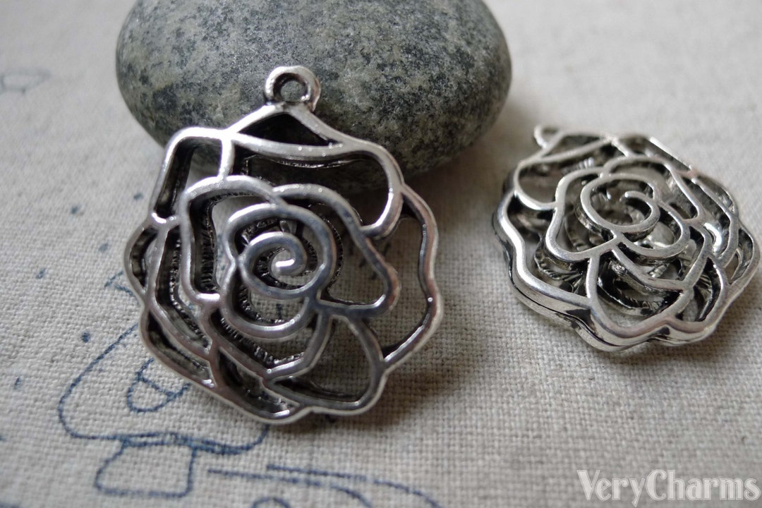 5 Pcs of Antique Silver 3D Filigree Rose Flower Charms Pendants 25x26mm ...