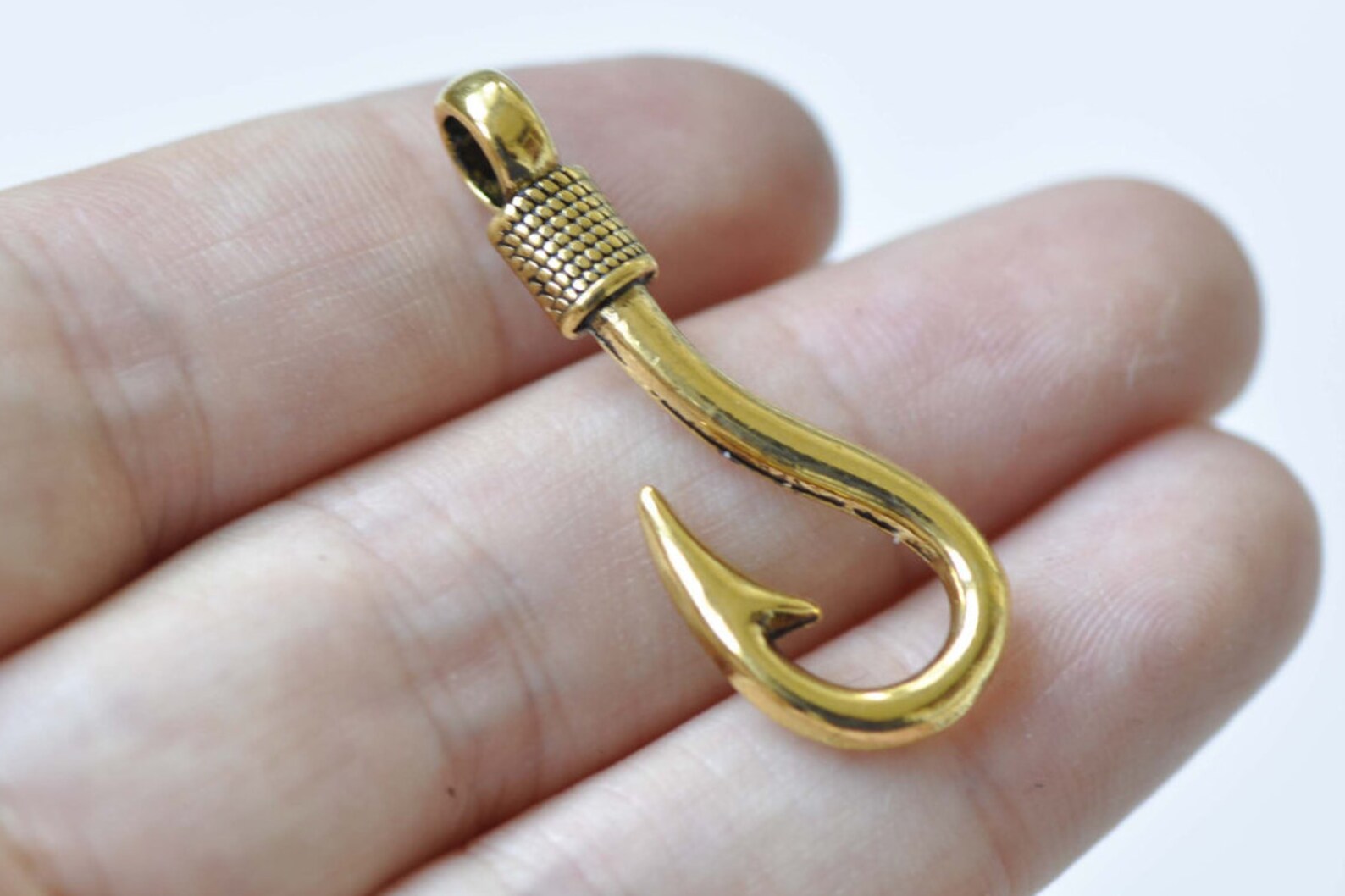 10 Pcs Antique Gold Coiled Fish Hook Charms Large Hole Fishing Hook ...