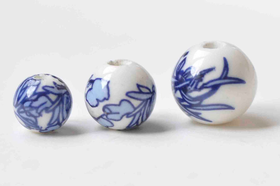 20 Pcs Hand Painted Blue Leaf Flower Chinese Ceramic Beads 8mm/10mm ...