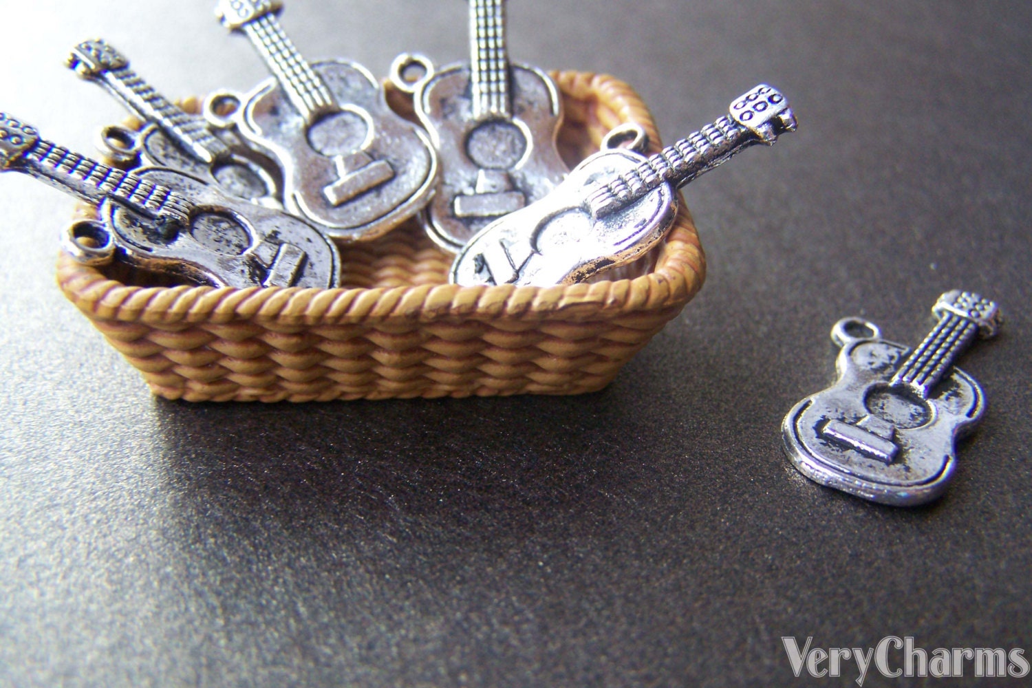 Silver Guitar Music Instrument Antique Silver Charms Metal | Etsy