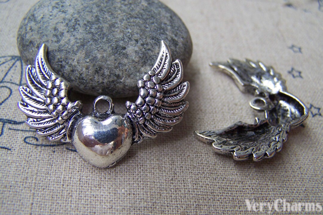 Antique Silver Heart Wing Charms Flying Angel Pendants 27x37mm Set of 6 ...