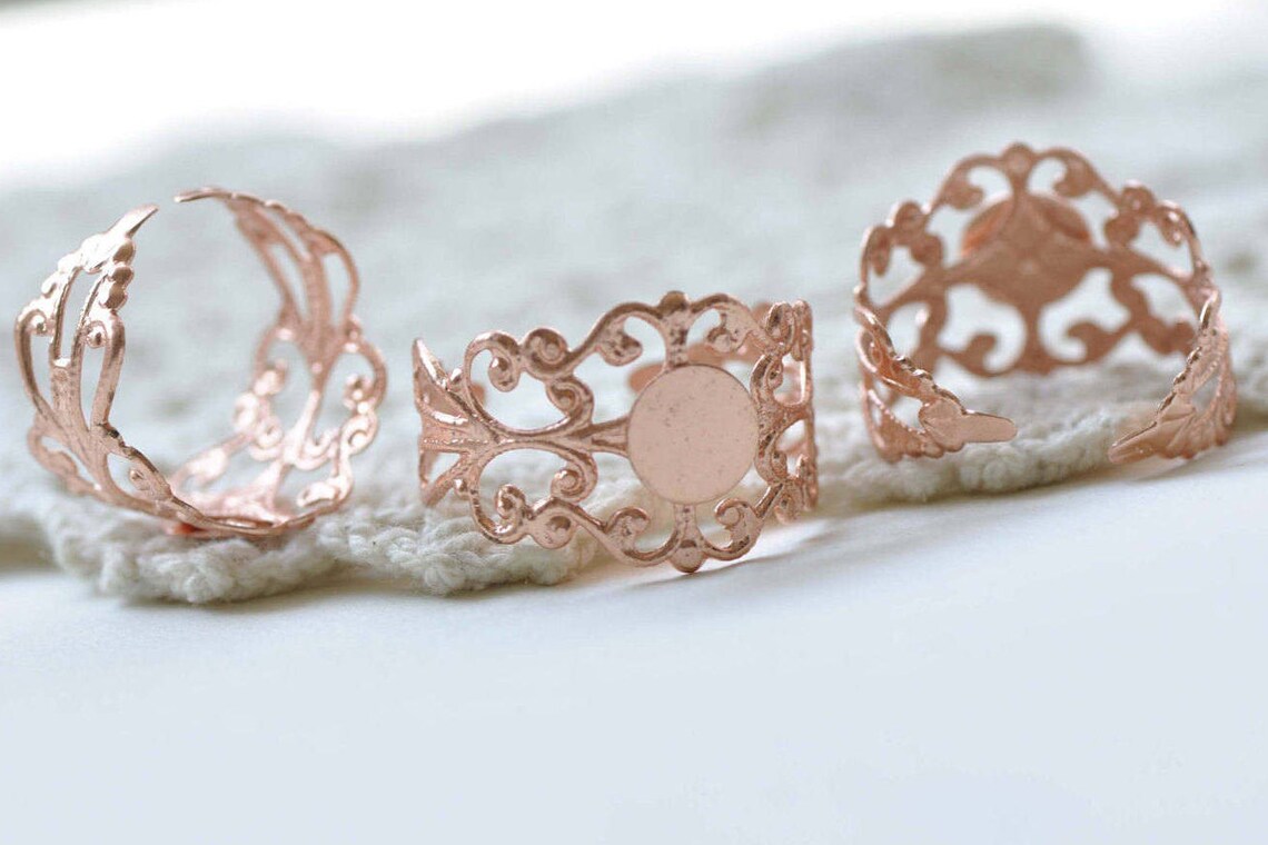 10 Pcs Rose Gold Color Brass Adjustable Filigree Flower Ring Bases With ...