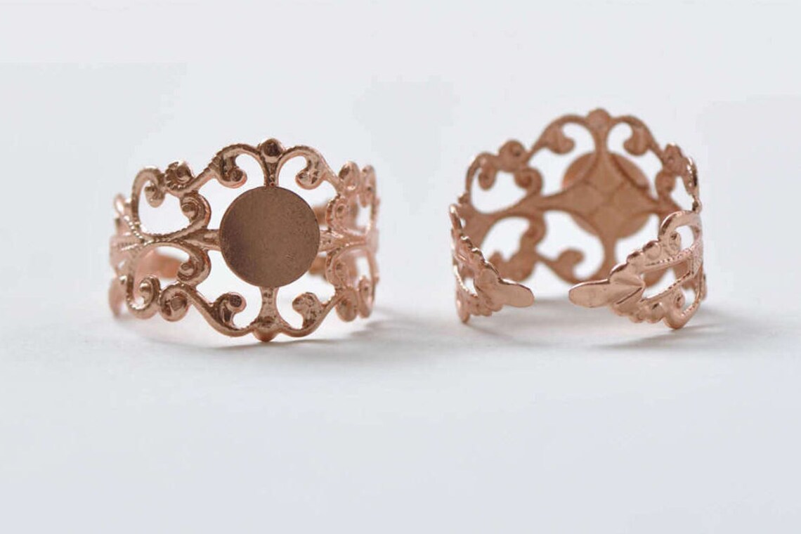 10 Pcs Rose Gold Color Brass Adjustable Filigree Flower Ring Bases With ...