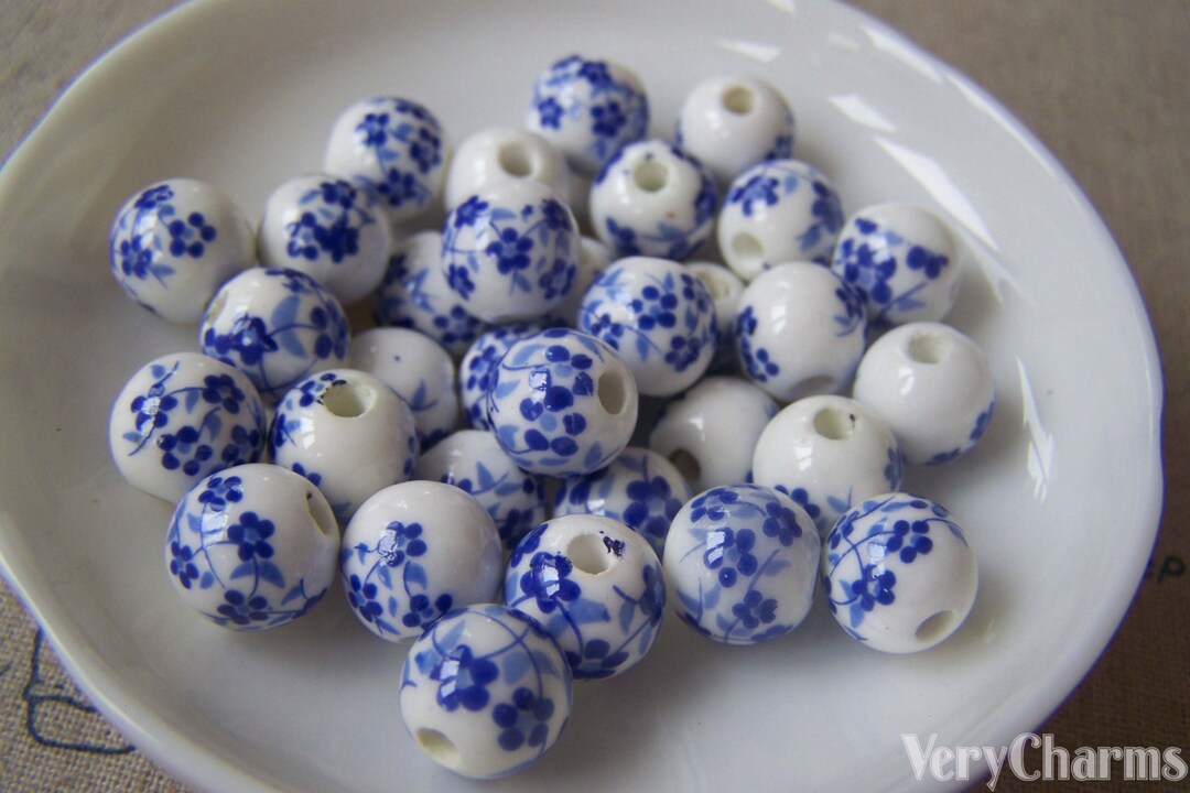 20 Pcs Blue Flower Porcelain Ceramic Beads 10mm A4554 - Etsy