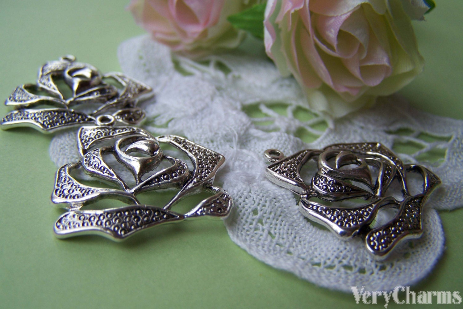 10 Pcs of Antique Silver Filigree Rose Flower Charms 29x30mm - Etsy