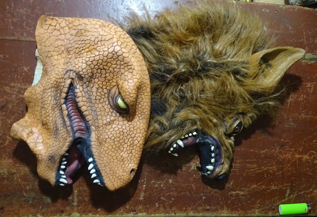 Two Latex Halloween Masks Werewolf and Raptor T Rex Dinosaur Fanatsy ...