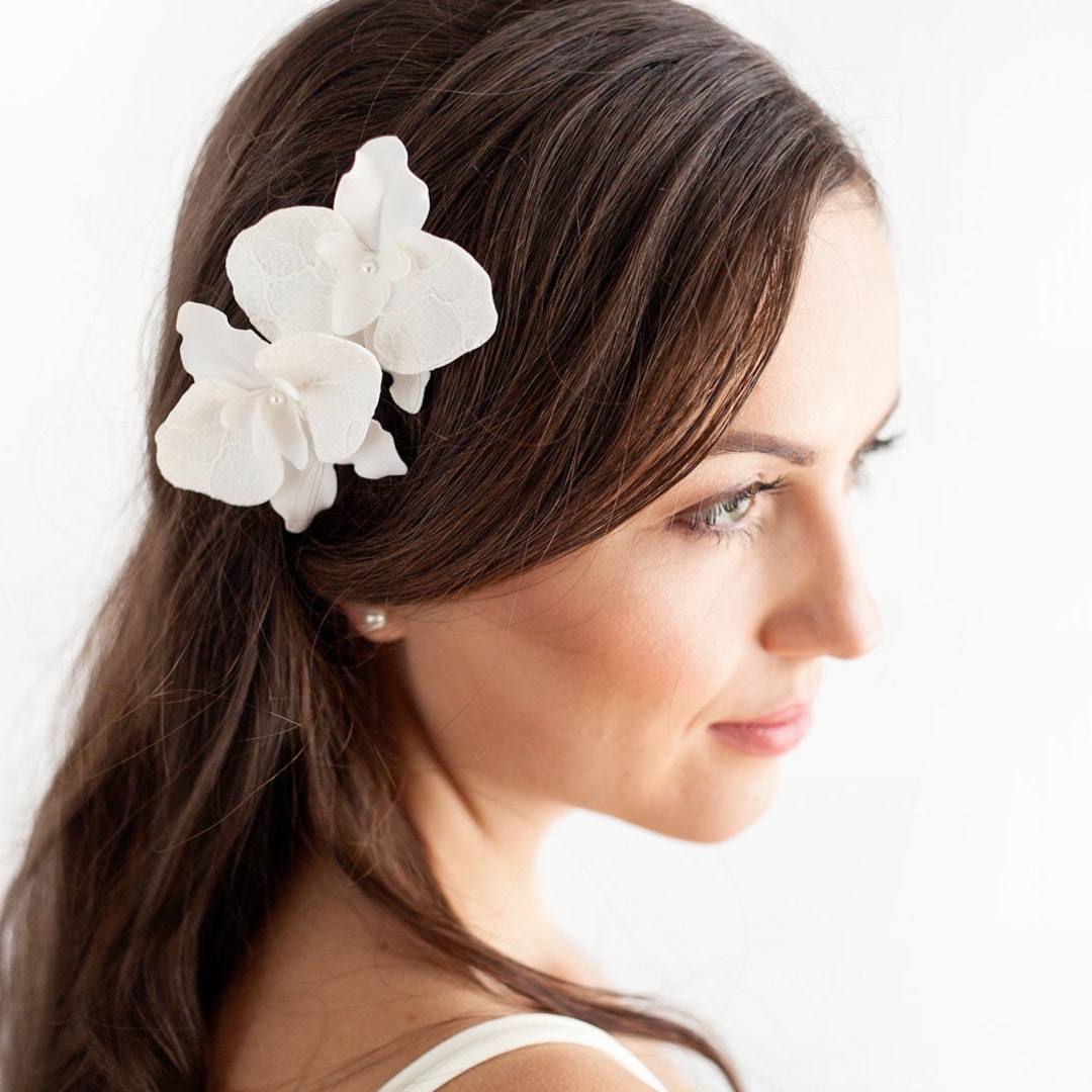 Ivory Orchid Hair Pins: Satin & Lace Bridal Flower Set - Etsy