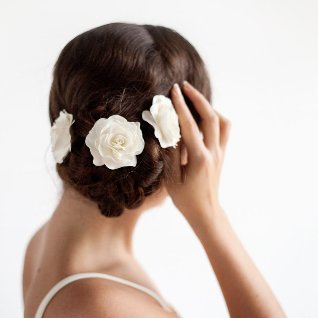 Ivory Rose Hair Pin Set of 3 Bridal Rose Hair Piece Satin Wedding Hair ...