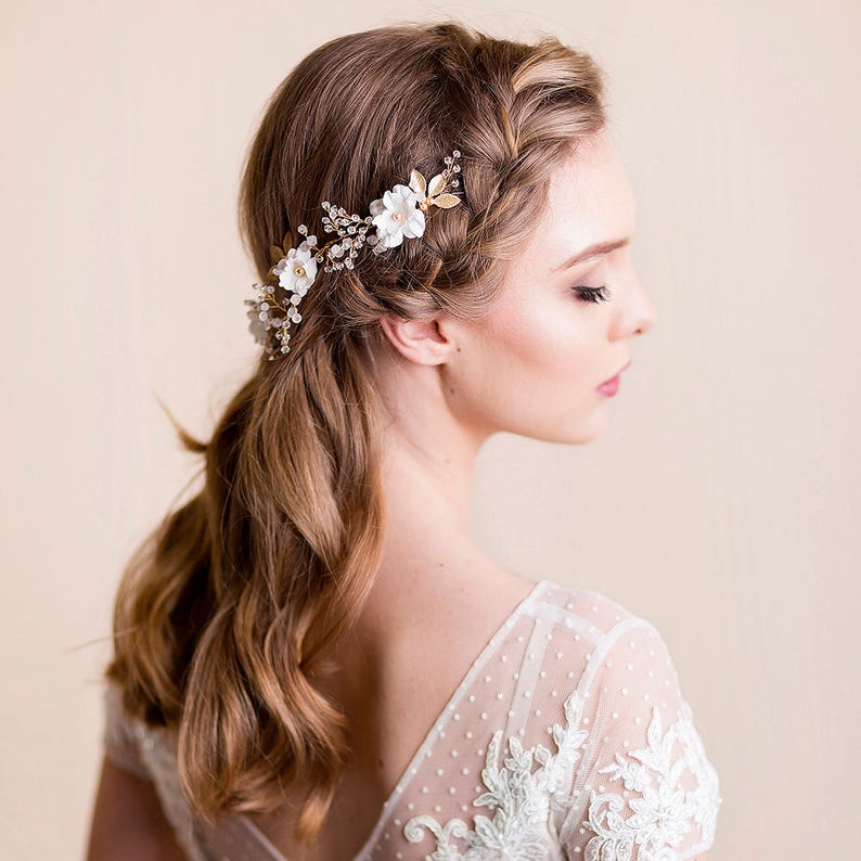 Bridal Headpiece with Natural Silk Flower and Gold Brass | Etsy