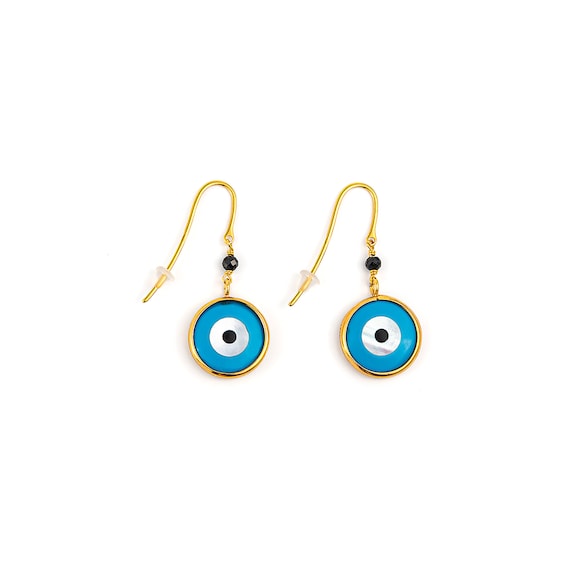 Sterling Silver Blue Evil Eye Earrings With Mother of Pearl Round Dange Earrings Handmade Protection Eye Greek Jewelry Etsy