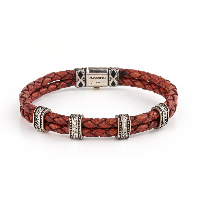 Sterling Silver Leather Bracelet With Zircon, Braided Genuine Leather ...