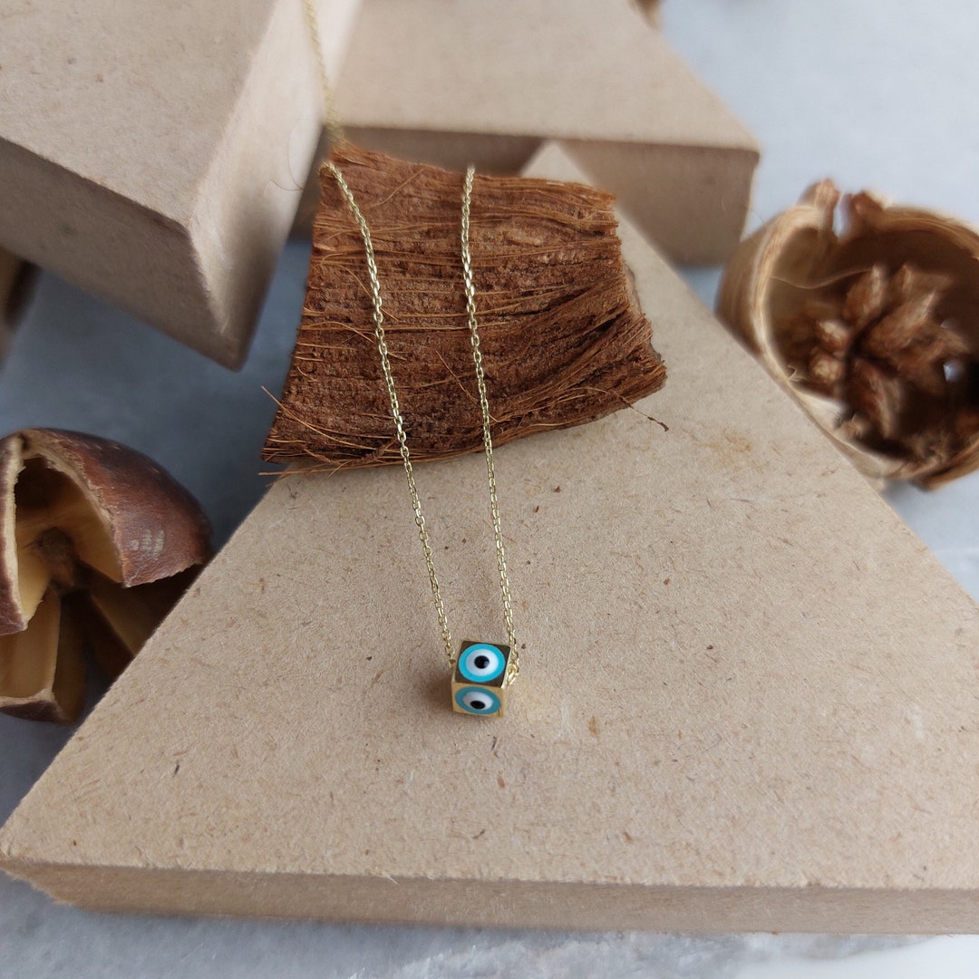 Gold Tiny Evil Eye Cube Dice Necklace, Dainty Evil Eye Necklace ...