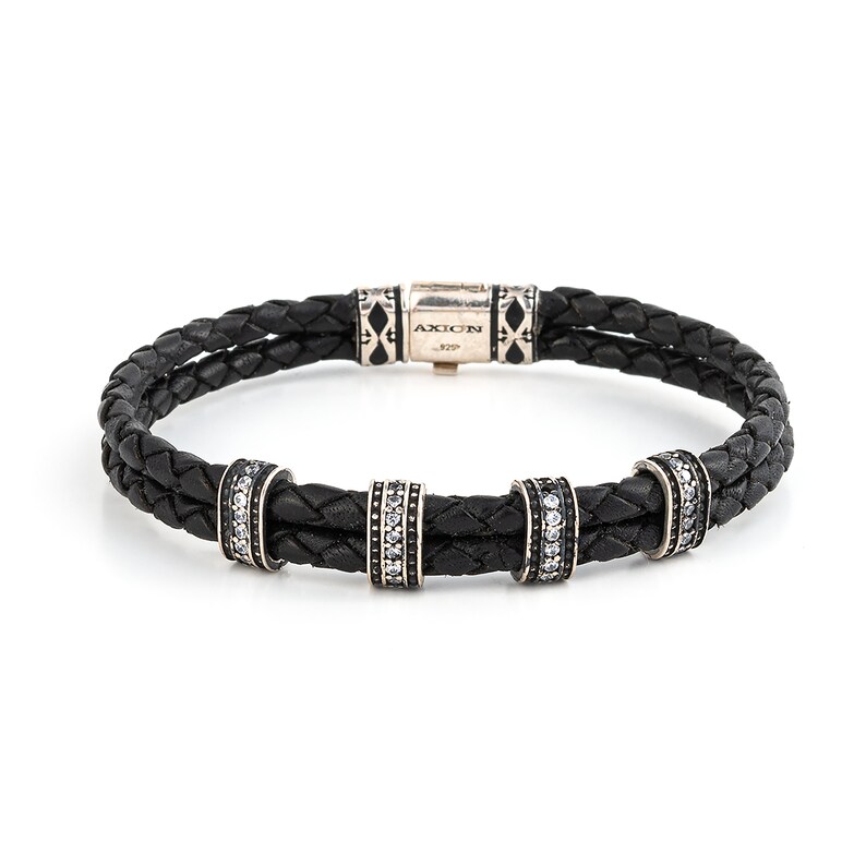 Sterling Silver Leather Bracelet With Zircon, Braided Genuine Leather ...