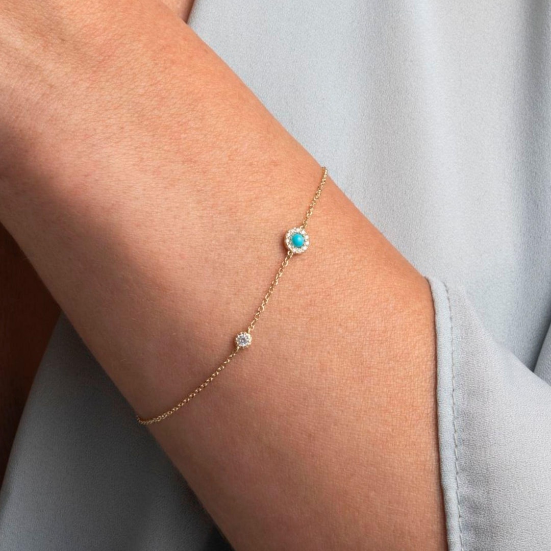 9K Gold Turquoise Bracelet With Zircon, Dainty Round Turquoise Stone ...