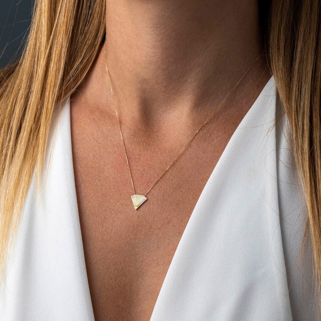 14K Gold Diamond Shape Necklace With Enamel, Solid Gold Diamond Outline ...