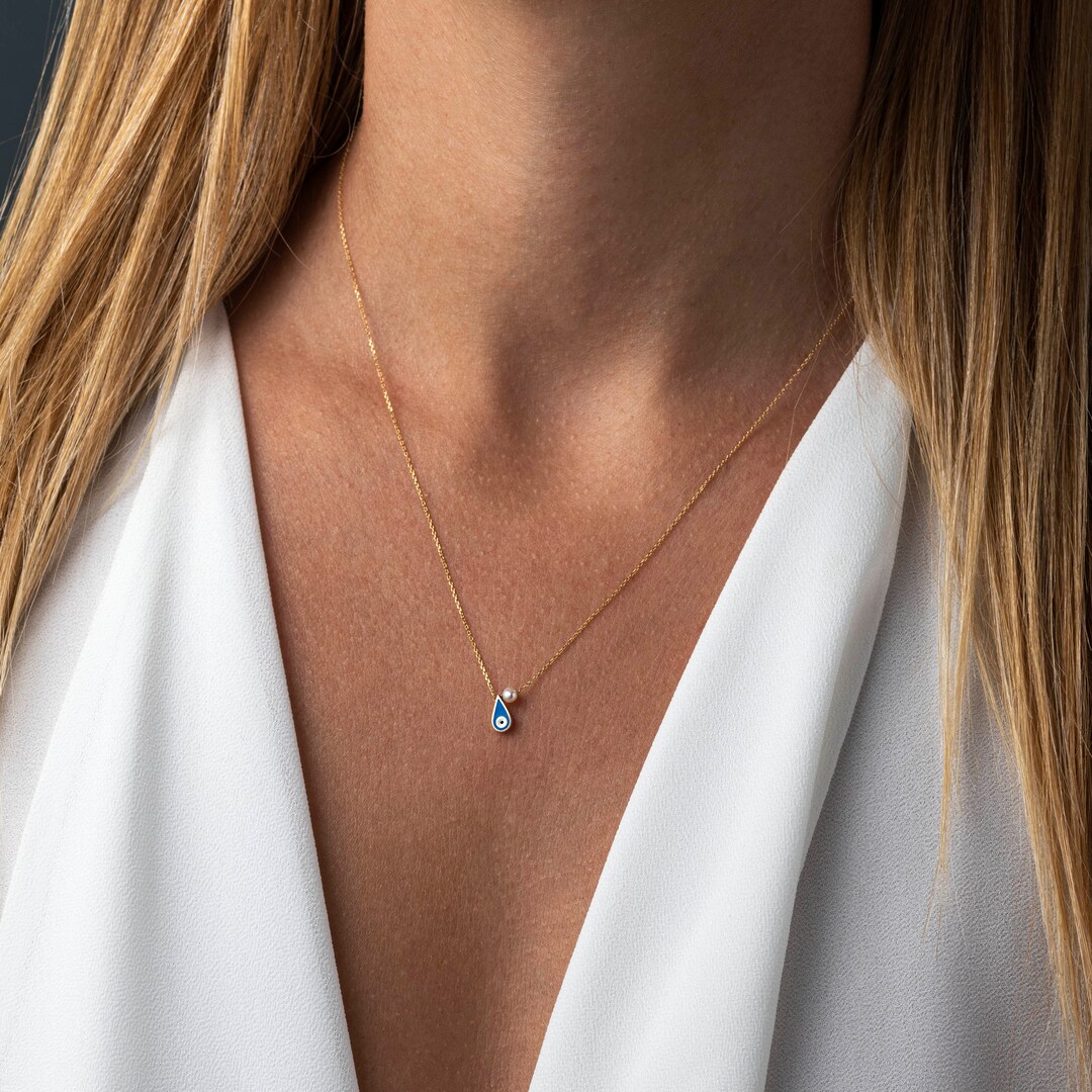 Solid Gold Evil Eye Drop Necklace in 14K Gold, Tiny Eye Minimal ...