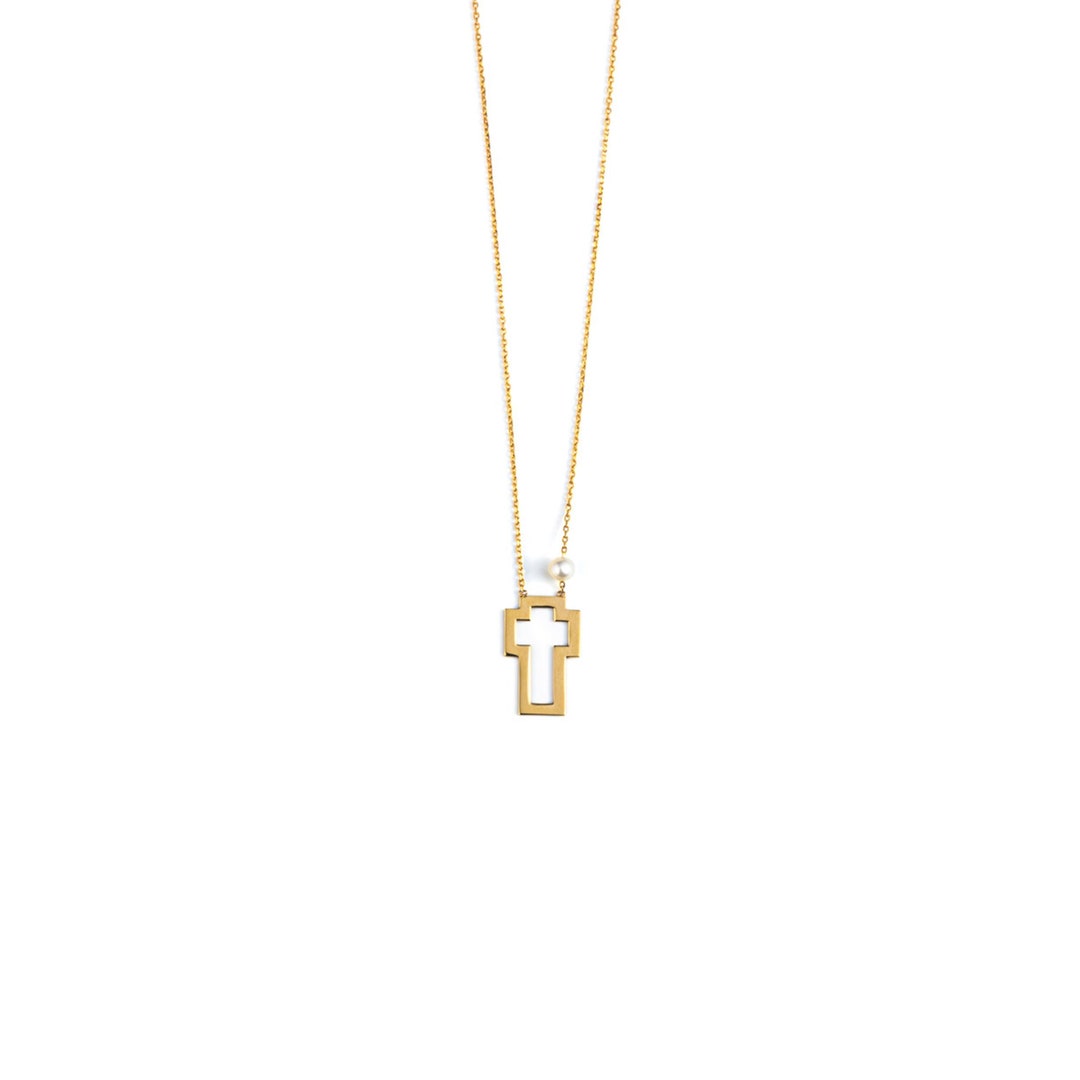 14K Gold Open Cross Necklace With Pearl, Dainty Religious Necklace ...