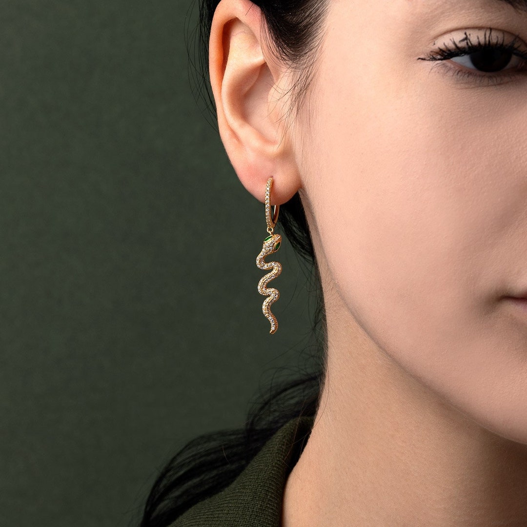 Gold Snake Dangle Hoop Earrings With Zircons, Zirconia Earrings, Snake ...