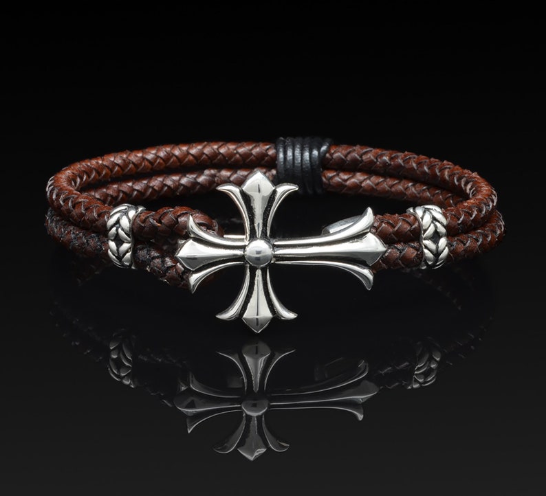 Sterling Silver Cross Leather Bracelet Men's Braided - Etsy