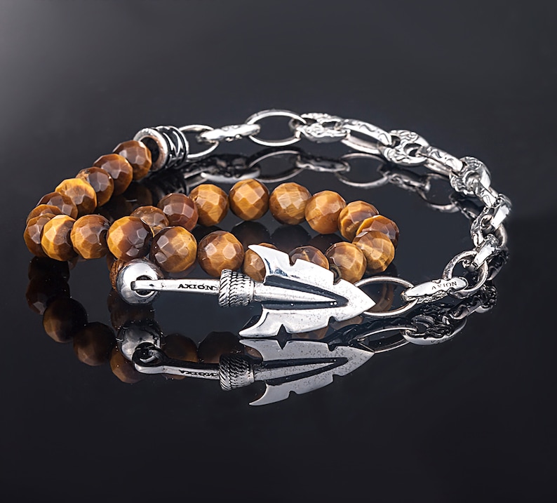 Arrow Link Tiger Eye Beaded Bracelet, Sterling Silver Tiger Eye ...