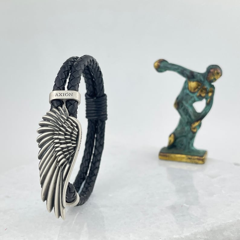 Sterling Silver Wing Leather Bracelet, Men's Jewelry, Angel Wing ...